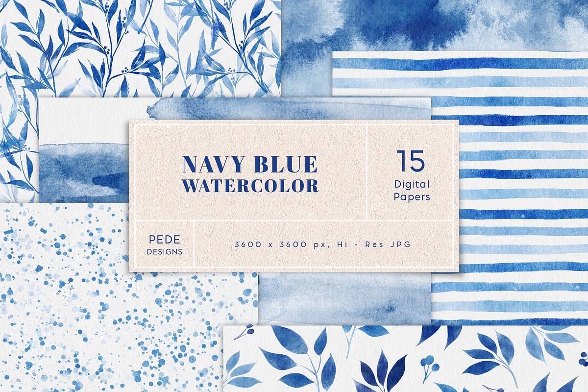 Navy-Blue-Watercolor-Digital-Papers 高清水彩纹理无缝背景素材包 12×12英寸300dpi设计素材下载 ...